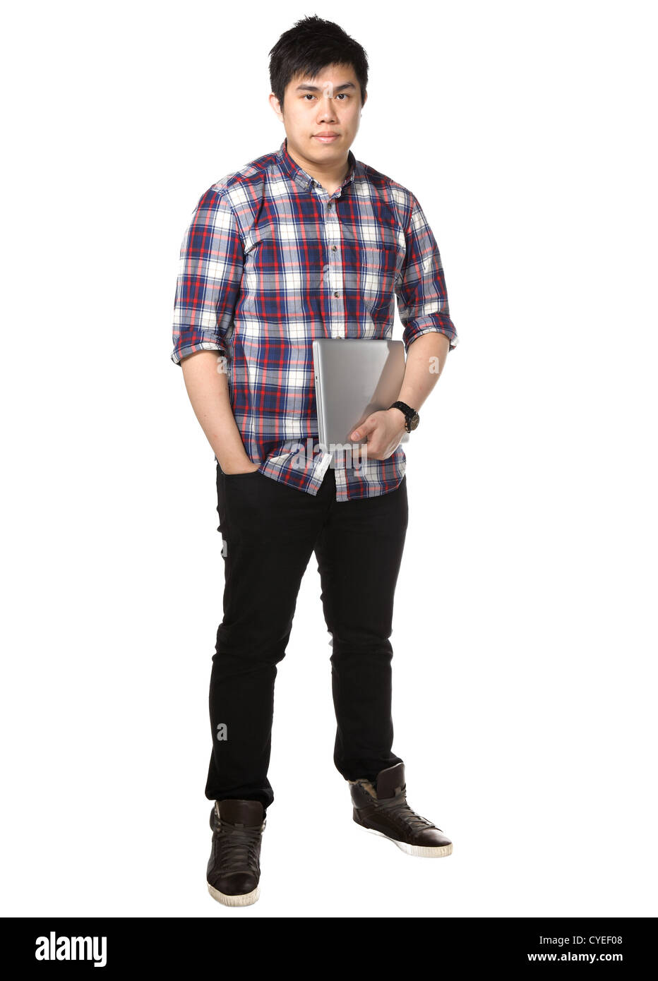 asian man holding laptop computer Stock Photo - Alamy