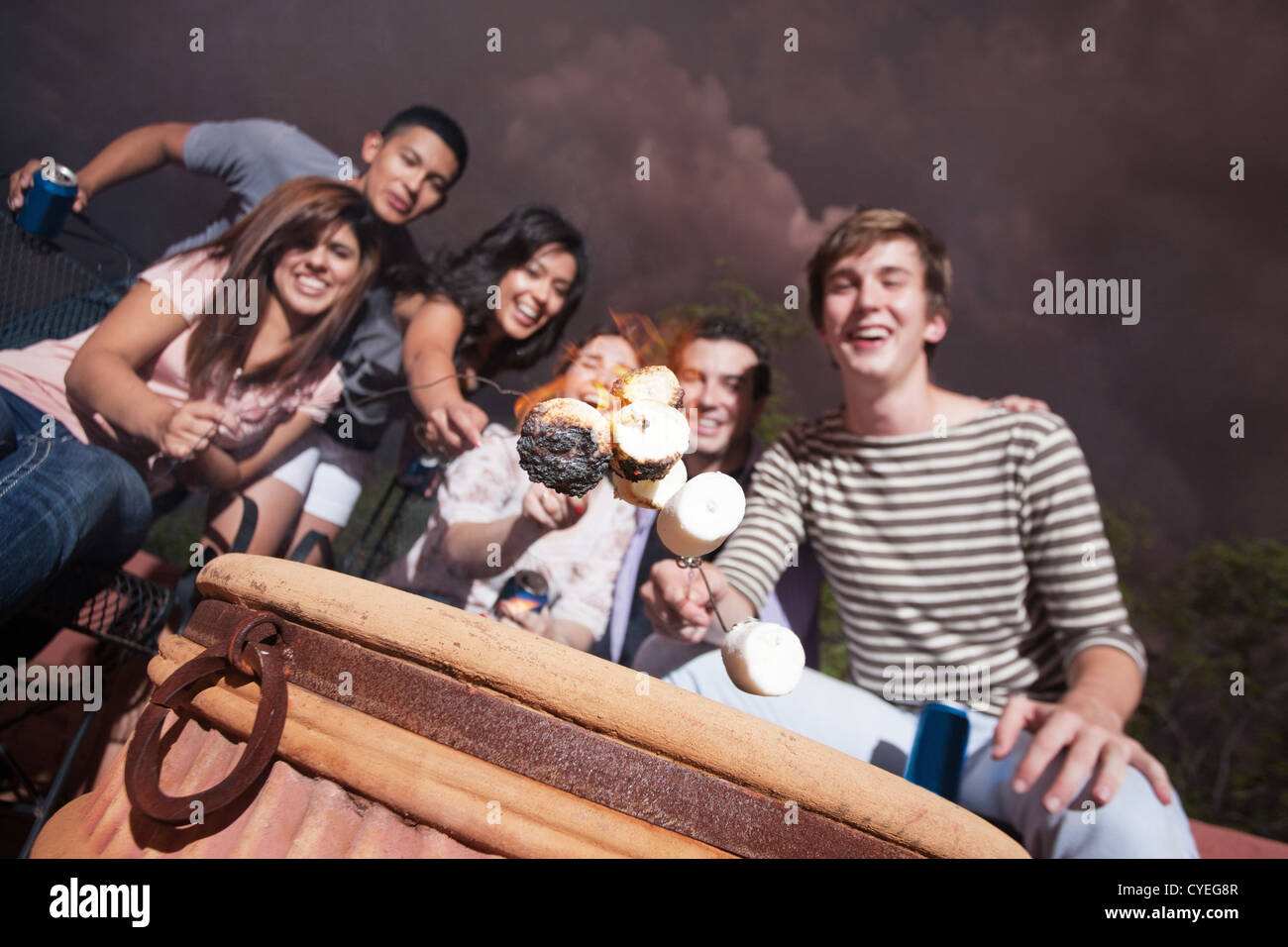 Group of six happy friends toast marshmallows Stock Photo - Alamy