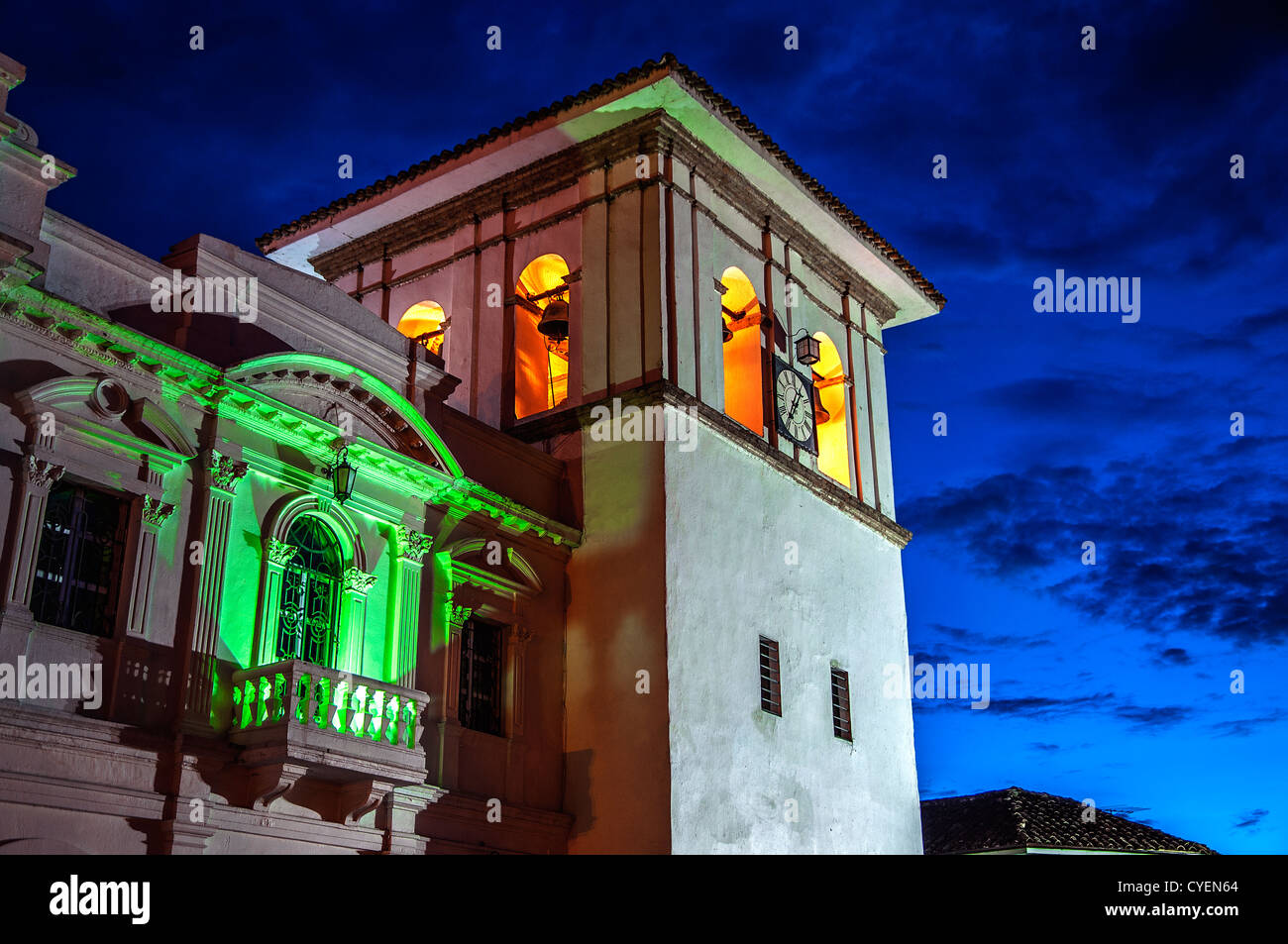 The clock tower in Popayan, Colombia during the blue hour Stock Photo ...