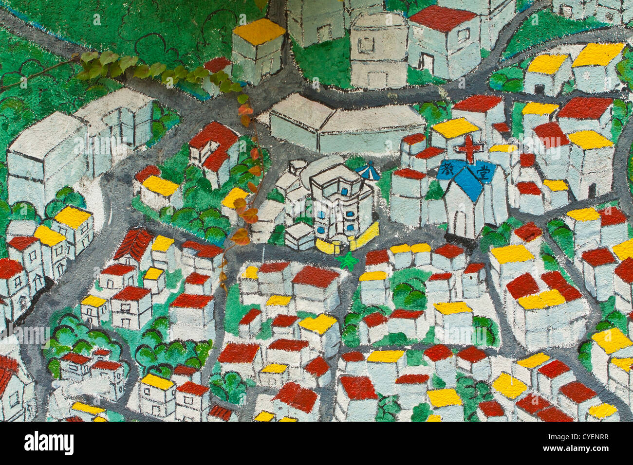 Painting map with roads and church Stock Photo - Alamy