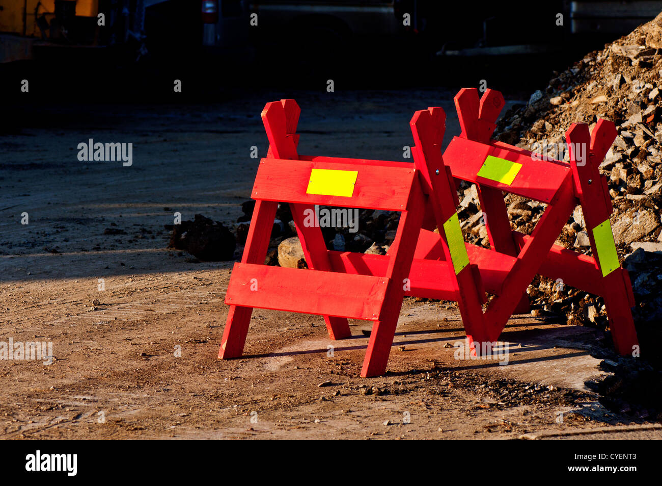 Couple road construction barrier with yellow sticker Stock Photo - Alamy