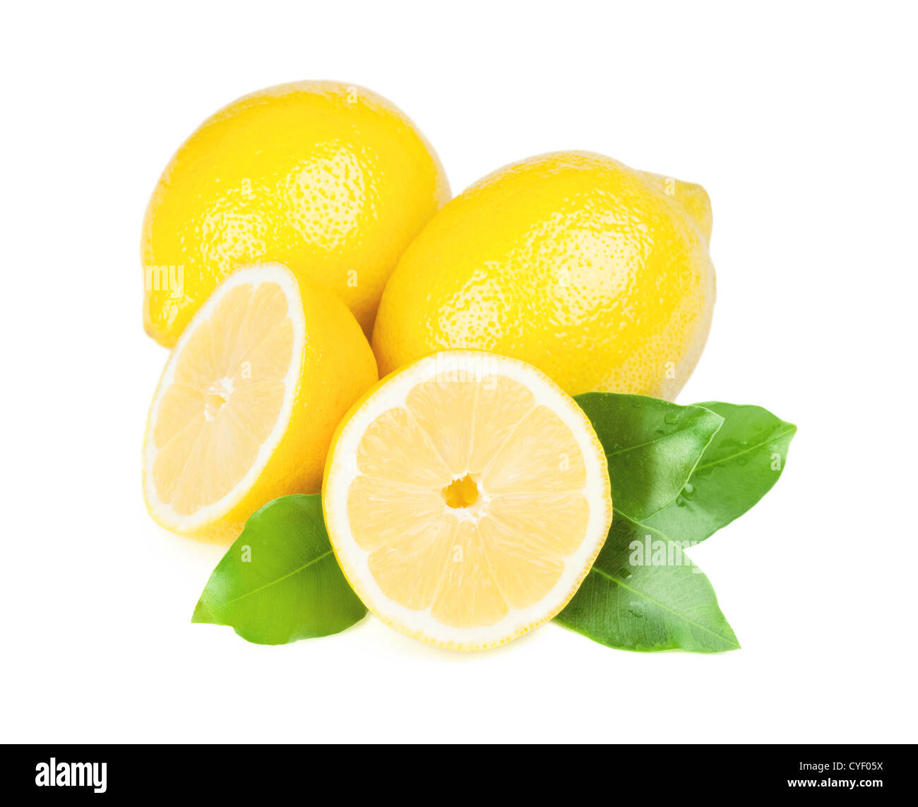 Fresh juicy lemons with green leafs. Isolated on white background Stock ...