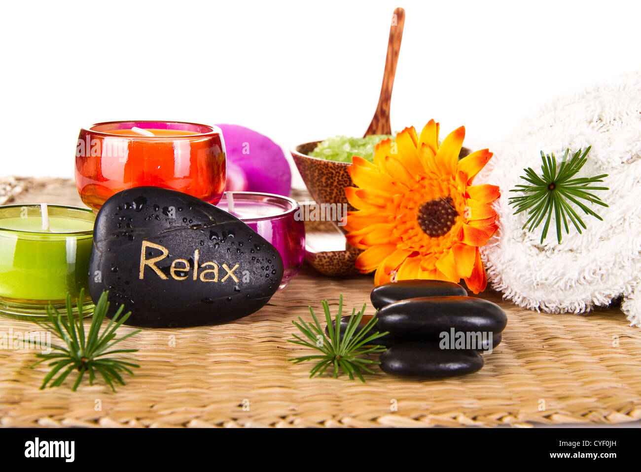 Relax Spa Concept - Zen Stones With Relaxing Salt and Candles Stock ...