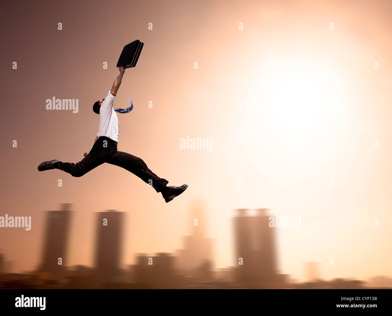 excited Businessman running with cityscape background at morning Stock ...