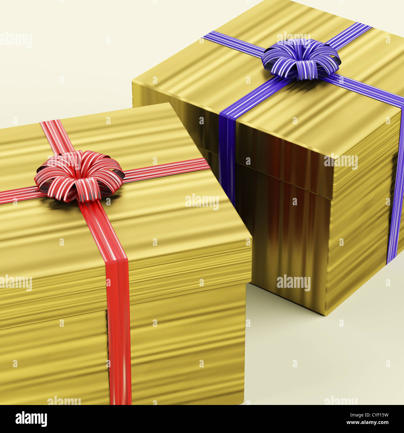 Gold Gift Boxes With Ribbon As Birthday Presents Stock Photo - Alamy