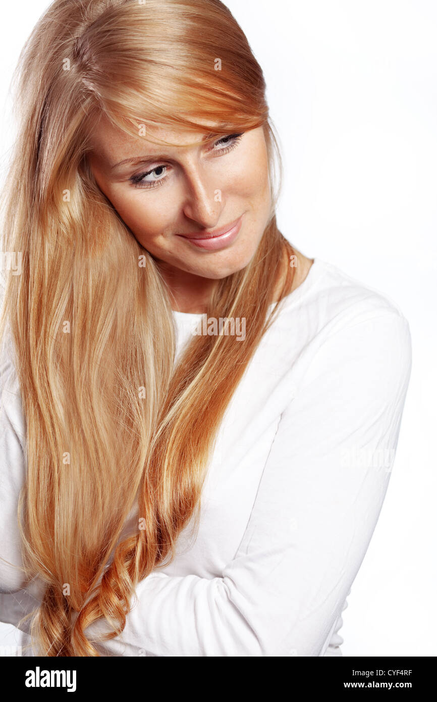 Studio portrait of beautiful young woman with long gold hair Stock ...