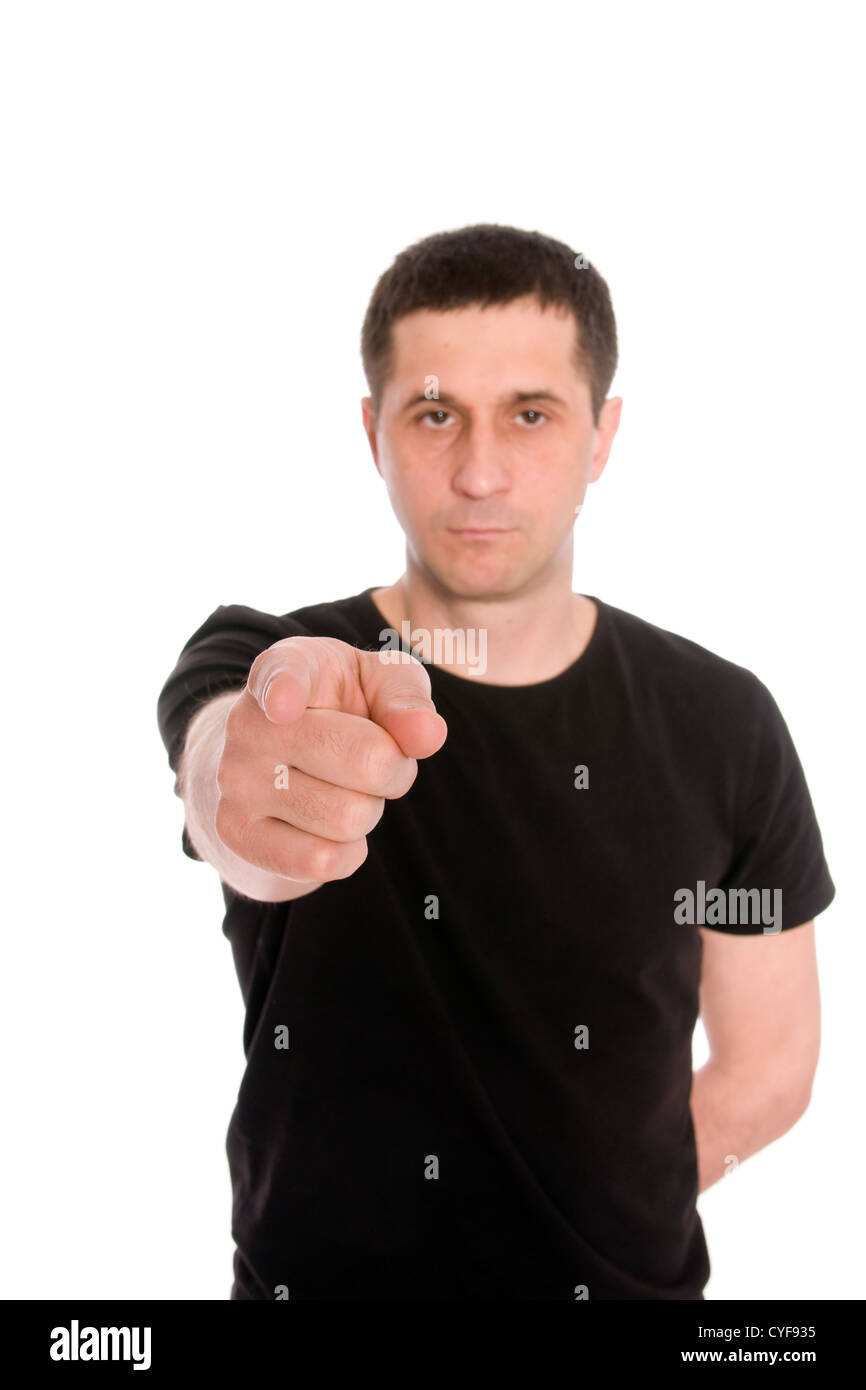 mid adult man shows a hand something isolated on white background Stock ...