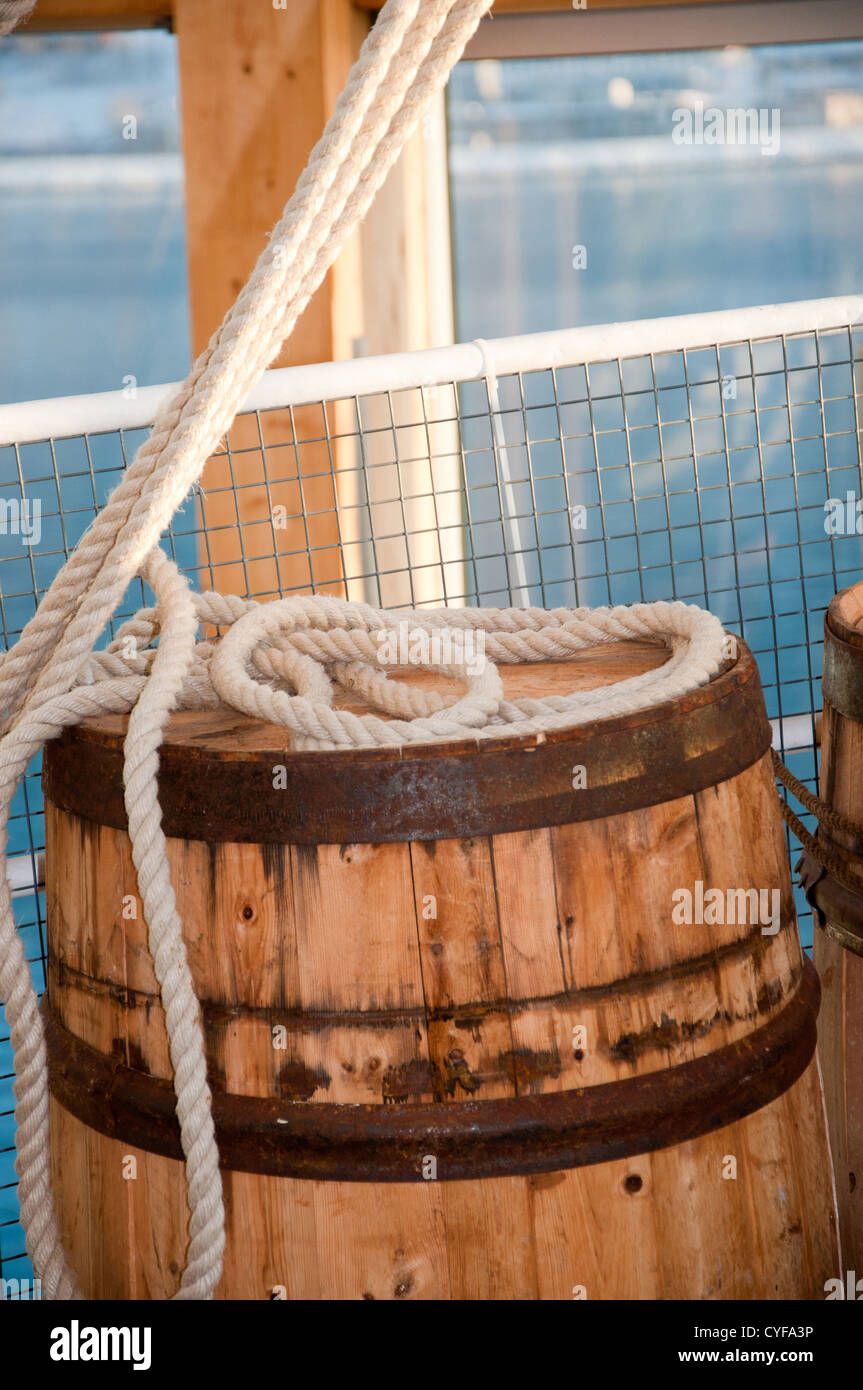 Barrel and rope on sea background. Photo was taken in Tromso, Norwey ...