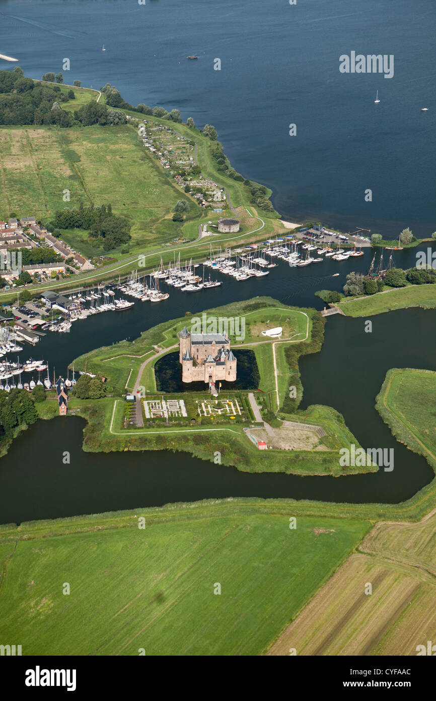 The Netherlands, Muiden. Castle called Muiderslot. Marina and estuary ...