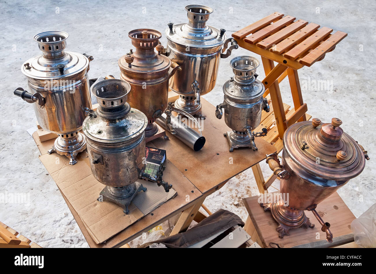 Old Russian traditional objects for tea ceremony, samovars Stock Photo ...