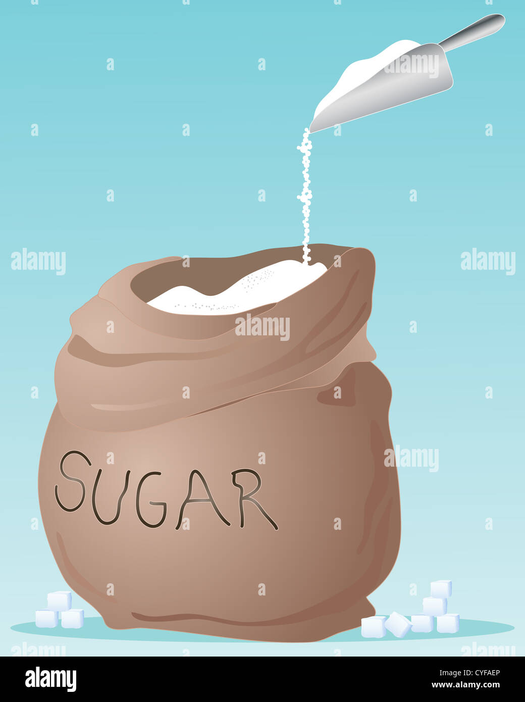 an illustration of a brown sack full of sugar with metal scoop on a ...