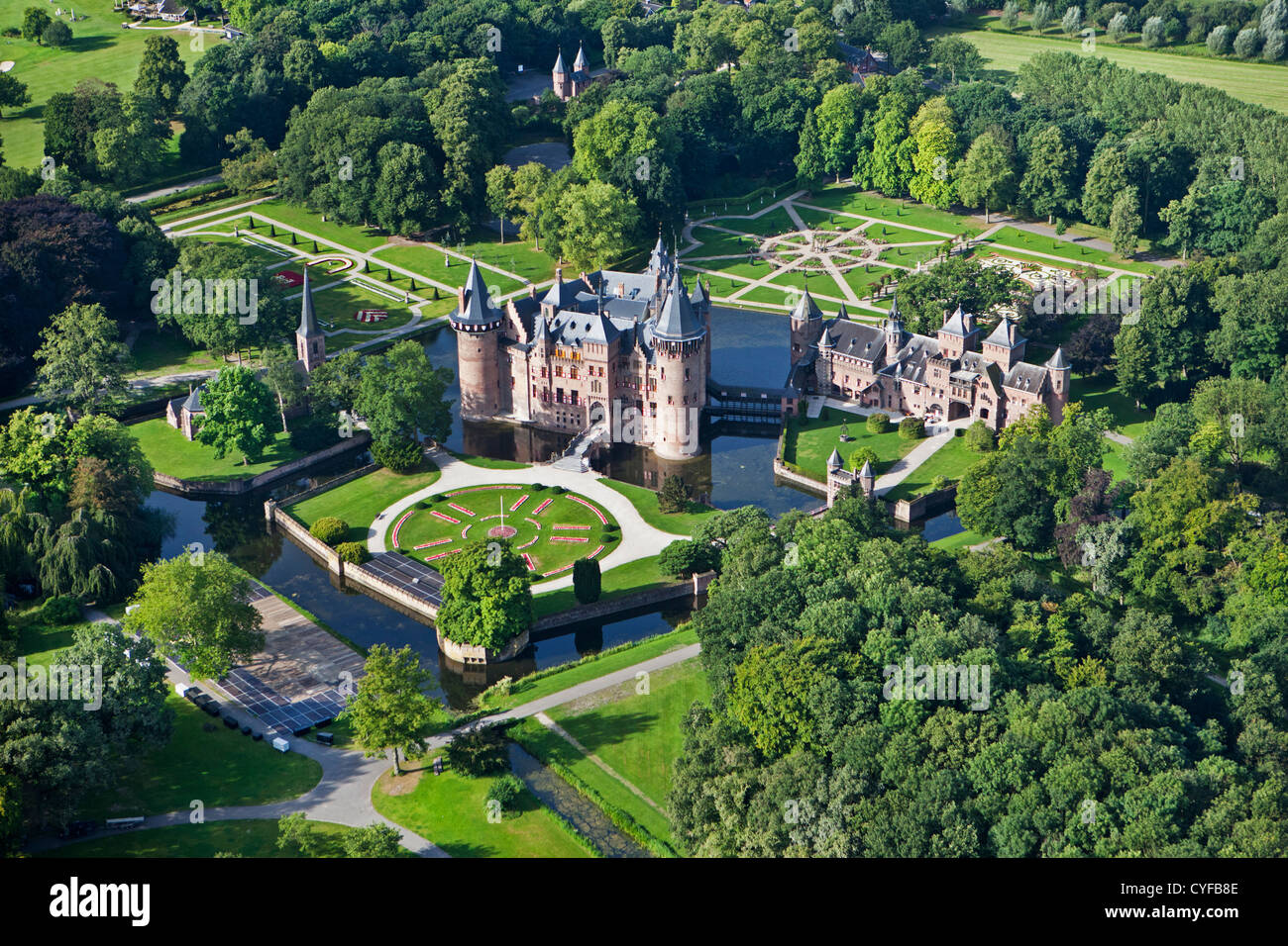Aerial view of De Haar Castle. The current buildings, except for the ...