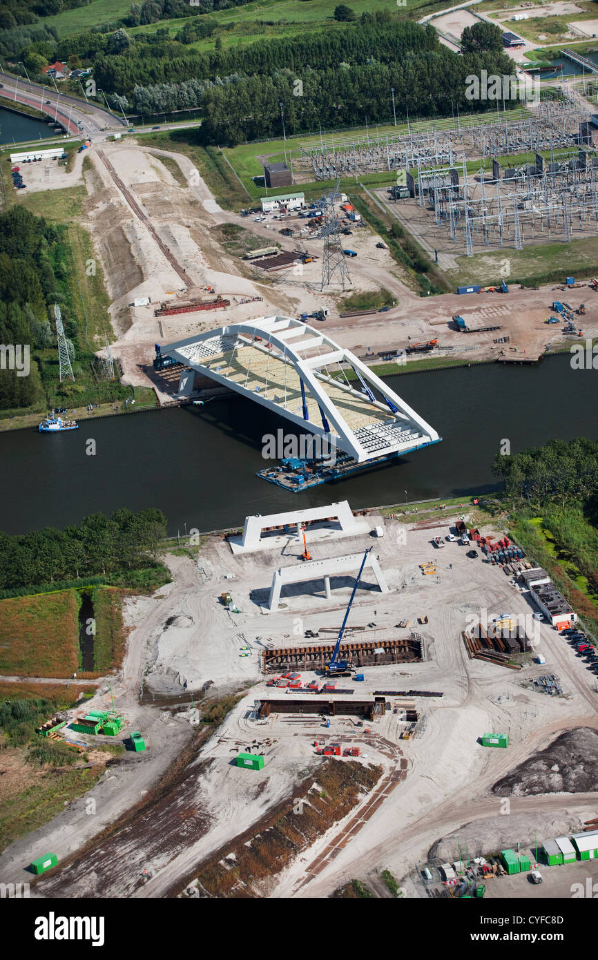 The Netherlands, Amsterdam, placement of prefabricated bridge over ...