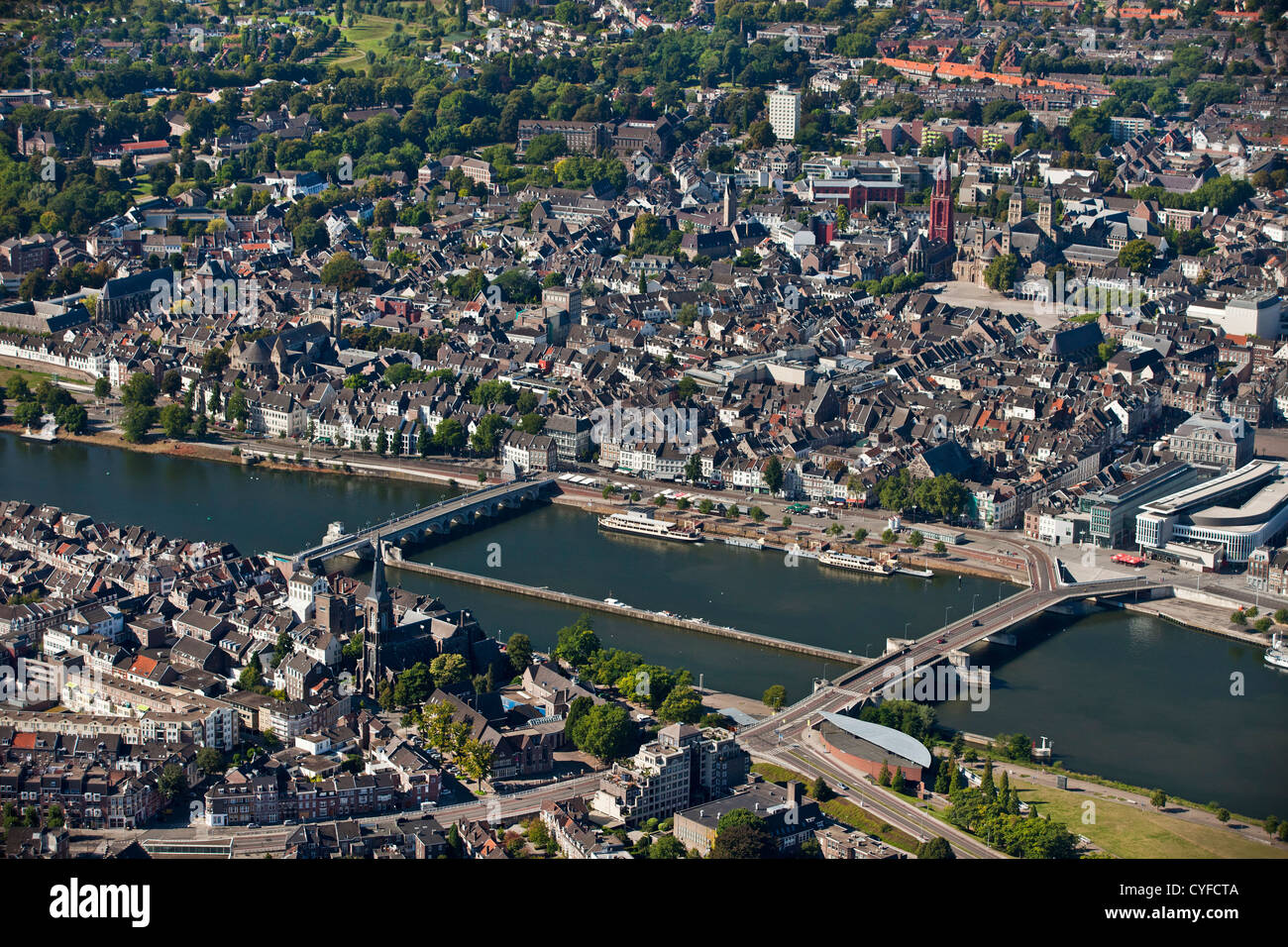 The Netherlands, Maastricht, Aerial of city center and river Maas or ...