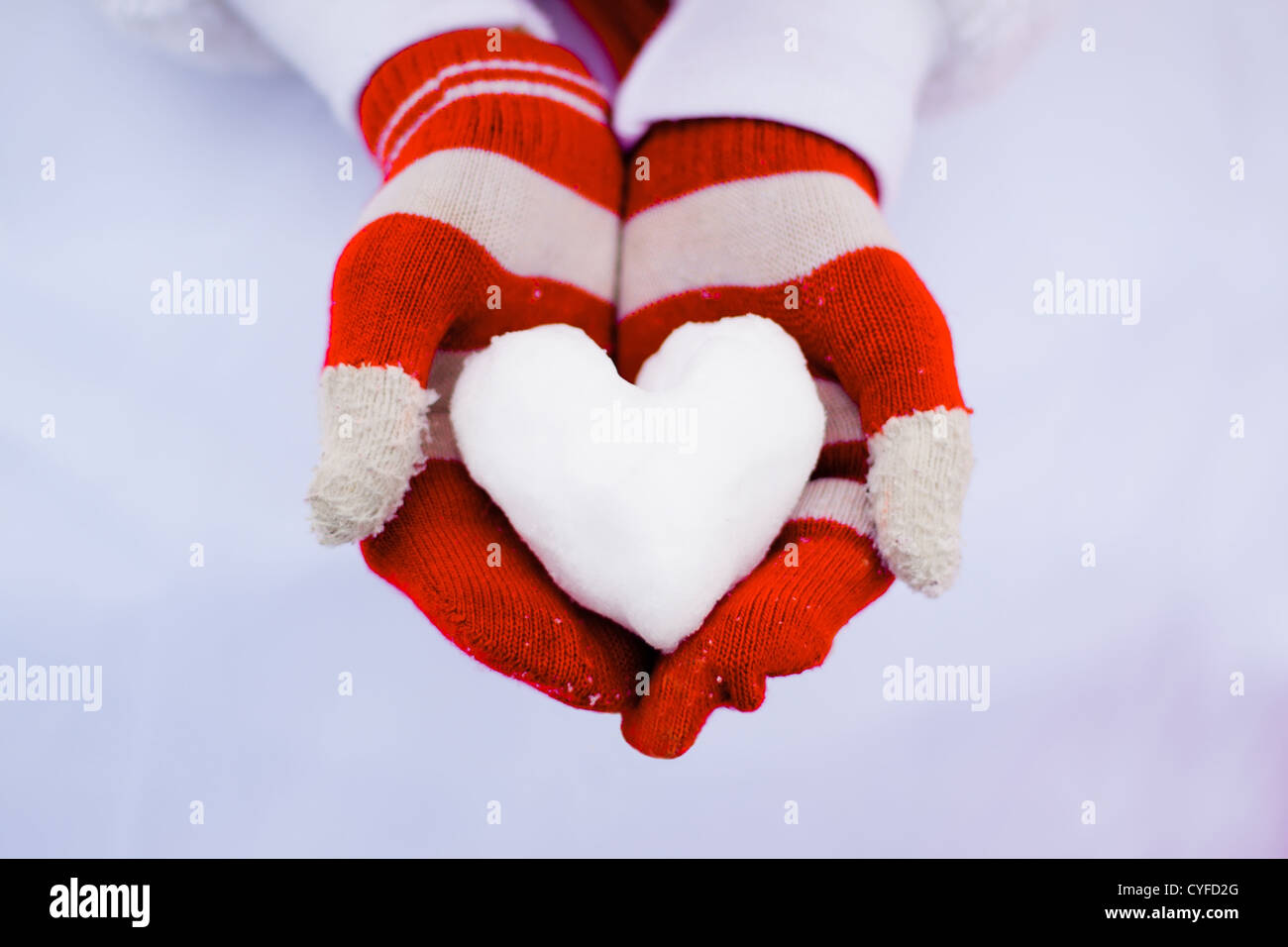 Romantic white snow and red gloves holding it Stock Photo - Alamy