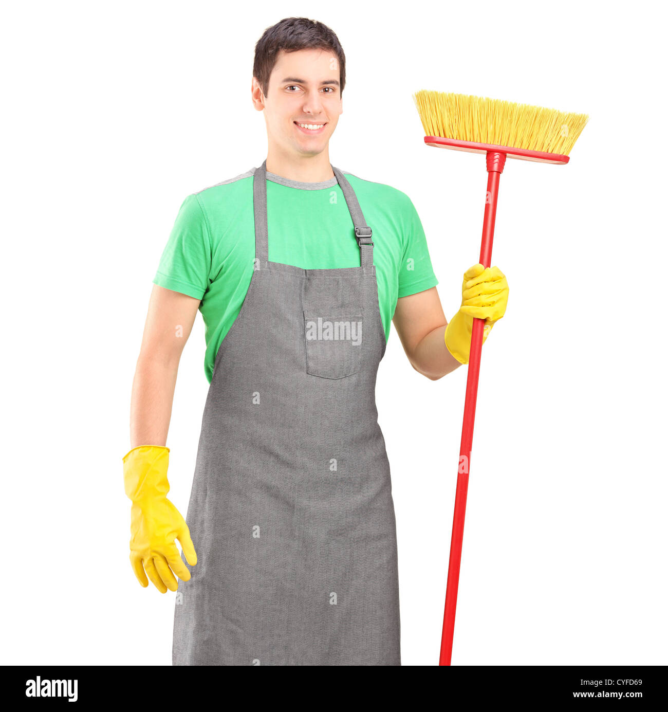 Male cleaner holding a brush isolated on white background Stock Photo ...