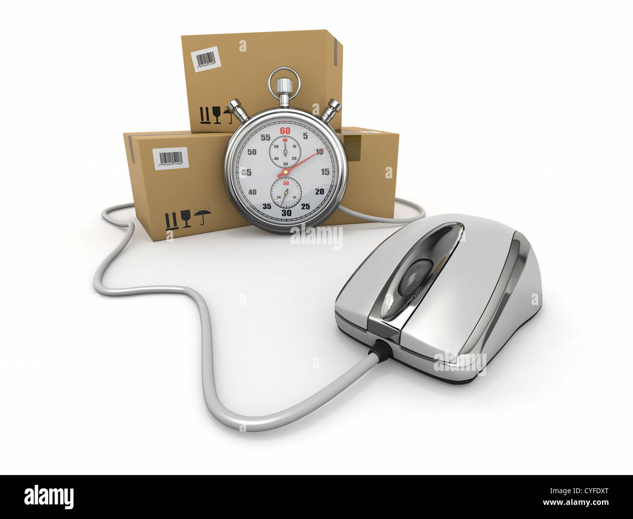 Online express delivery. Mouse, stopwatch and package. 3d Stock Photo ...