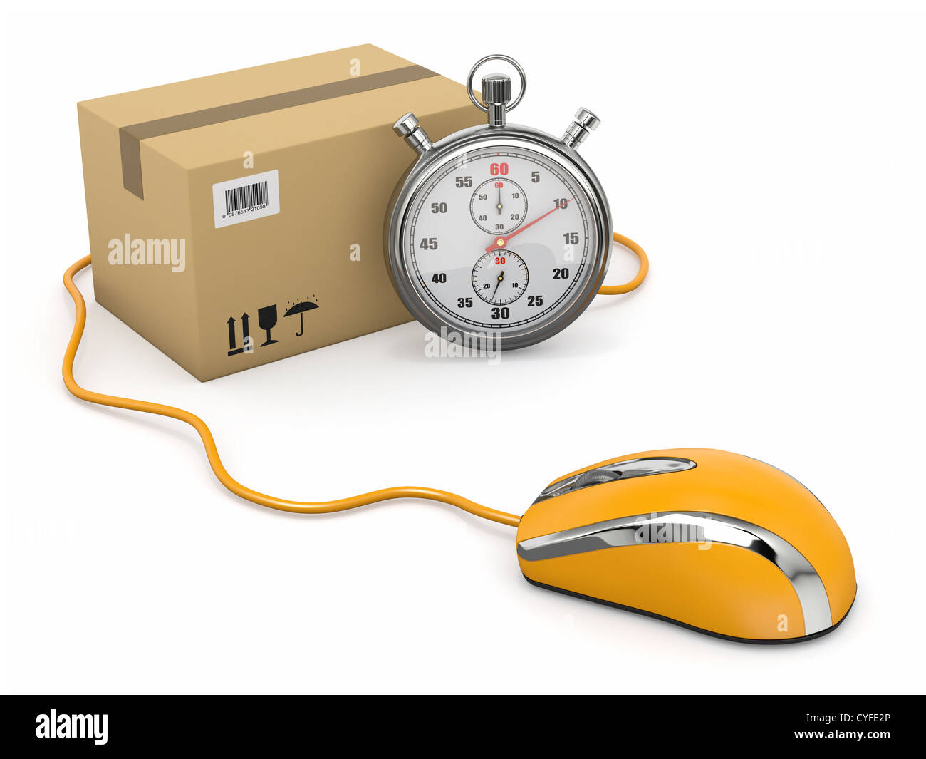 Online express delivery. Mouse, stopwatch and package. 3d Stock Photo ...