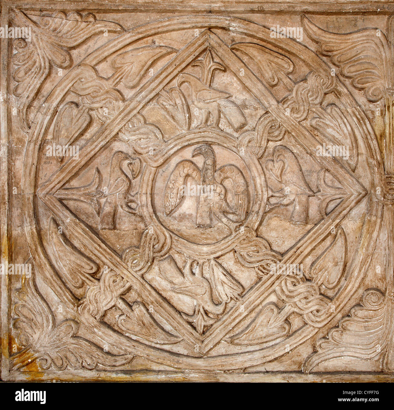 ROME, MARCH - 21: Pelican and cross as old christian Jesus symbols from ...