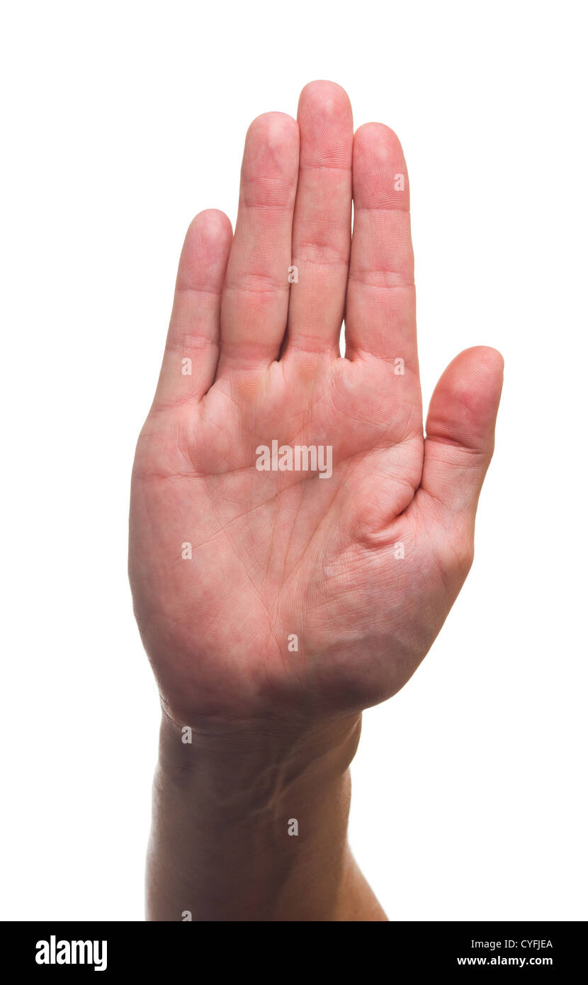 Open hand say stop, white isolated background Stock Photo - Alamy