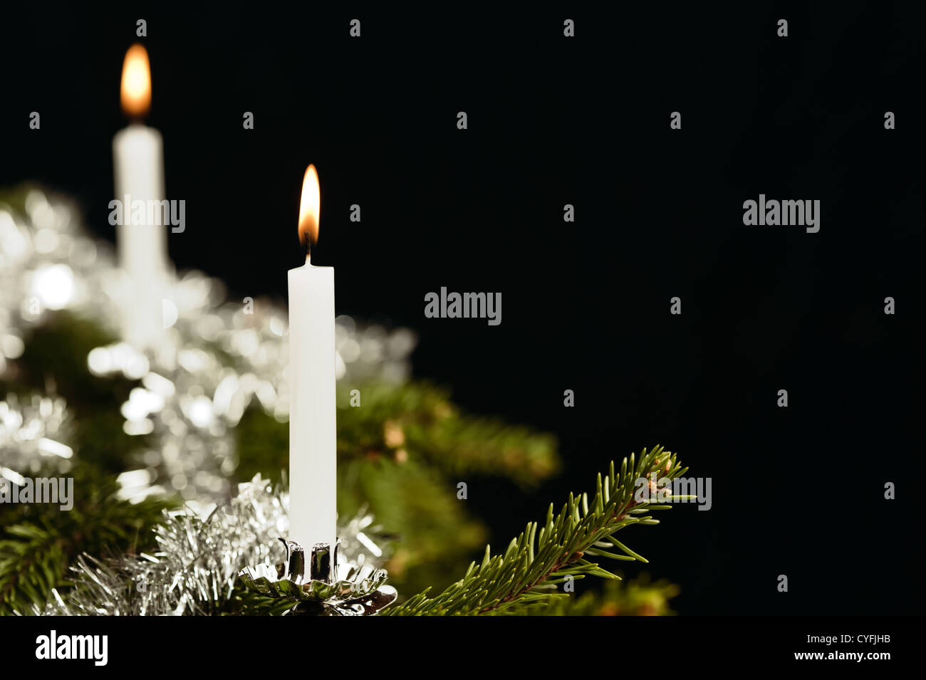 Traditional white candle on Christmas tree, retro look like Stock Photo ...