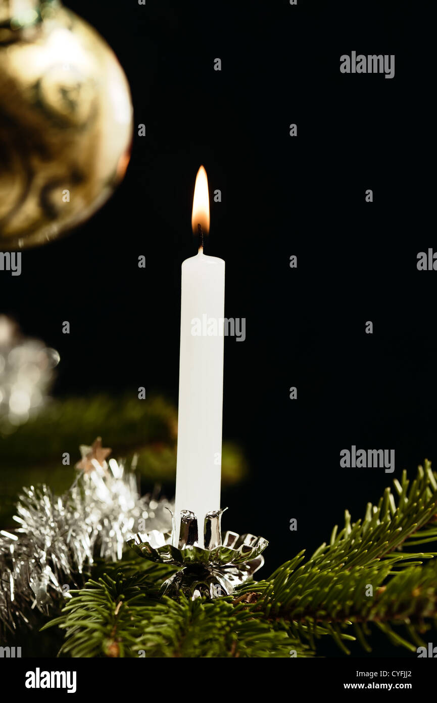 Traditional white candle on Christmas tree, retro look like Stock Photo ...
