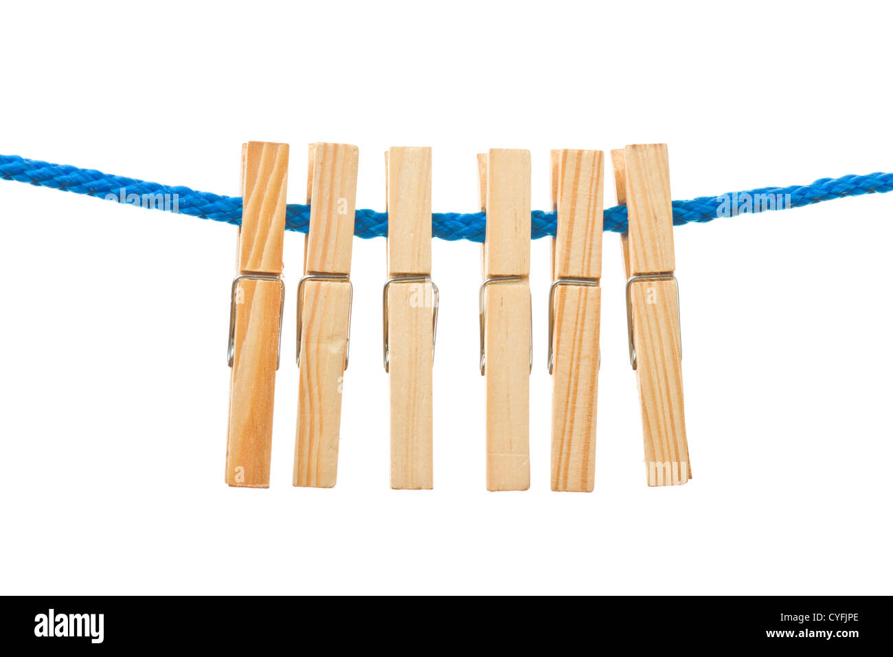 Six pegs hanging in a rope, white isolated background Stock Photo - Alamy
