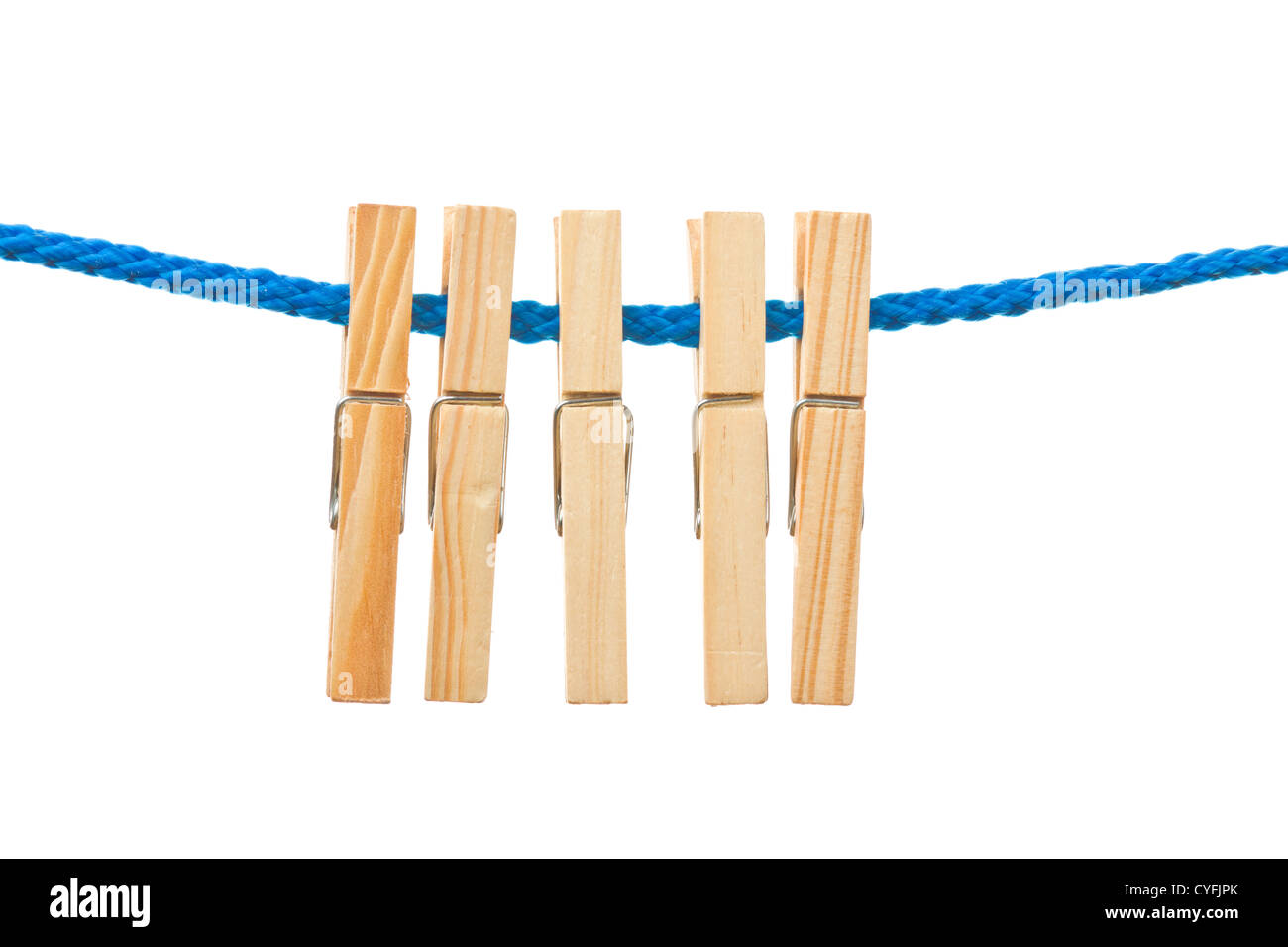 Five pegs hanging in a rope, white isolated background Stock Photo - Alamy