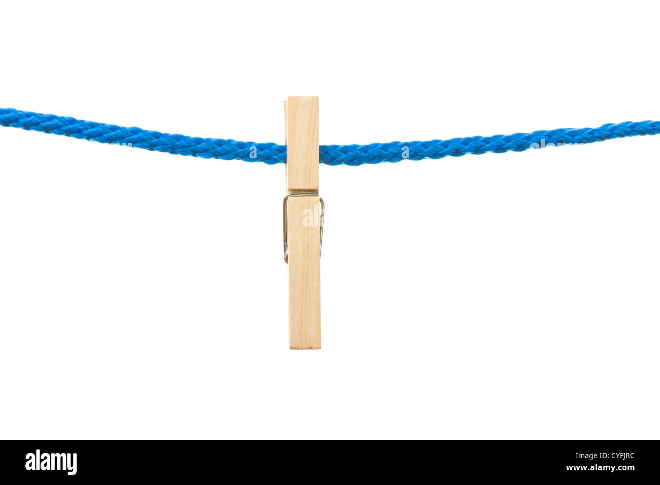 One peg hanging in a rope, white isolated background Stock Photo - Alamy