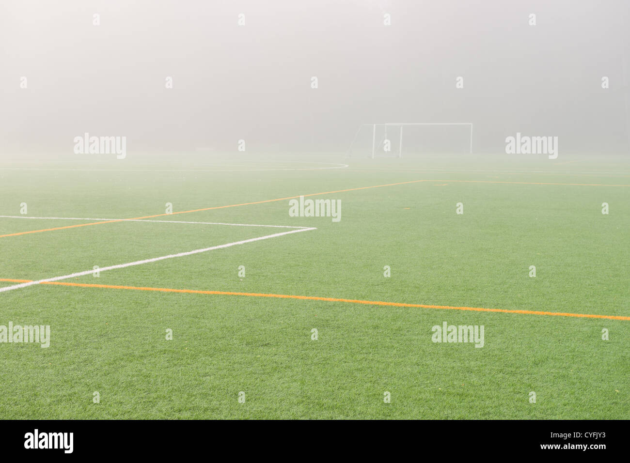 Empty soccer field early in the foggy morning Stock Photo - Alamy