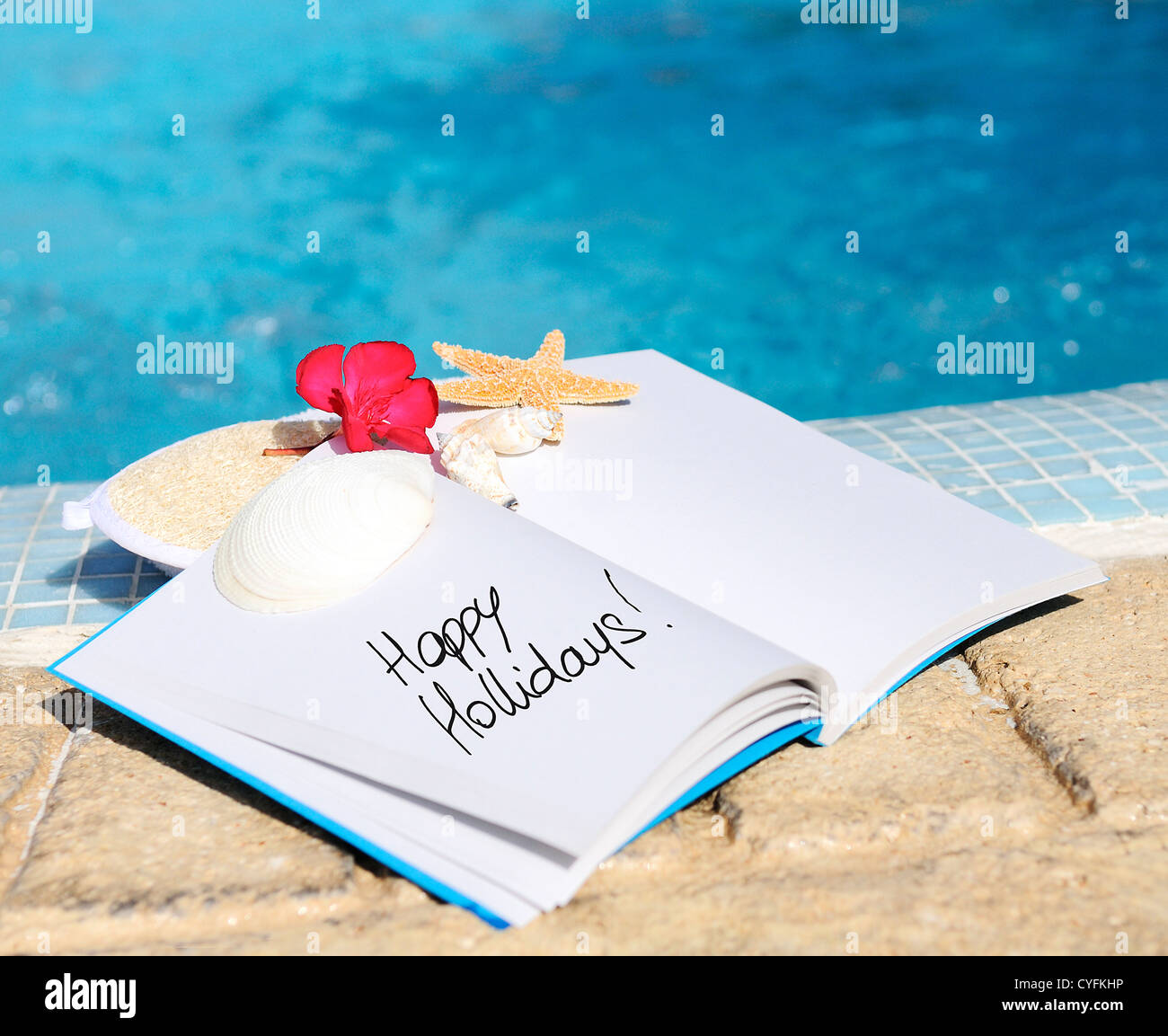 open book with strfish outdoor with swiming pool background Stock Photo ...