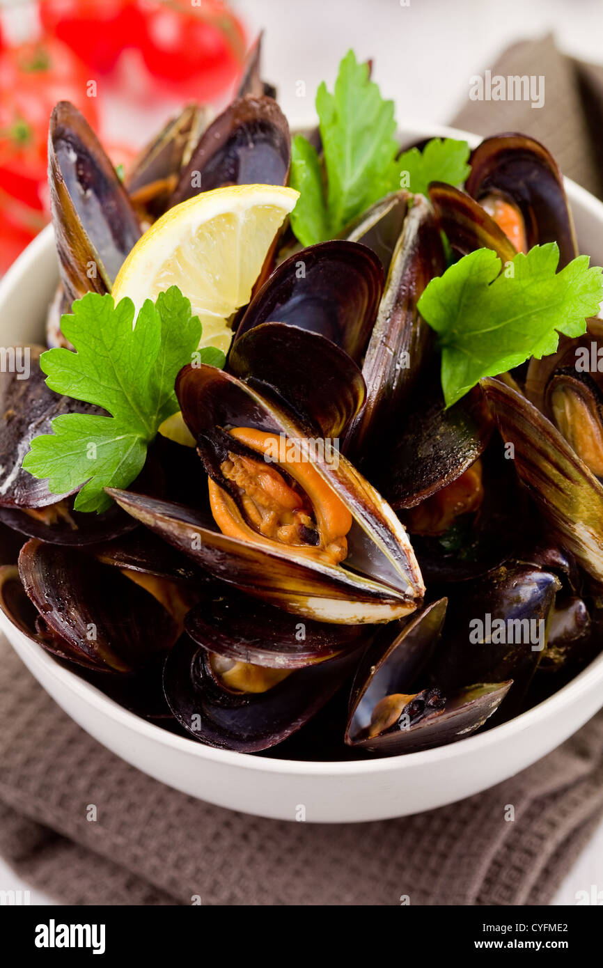 delicious italian fish dish made with mussels and white wine Stock ...