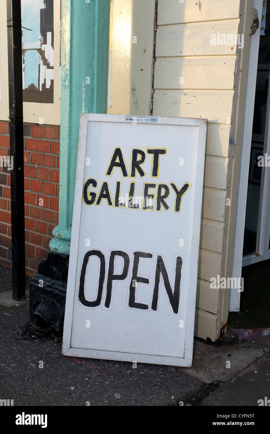 Art Gallery open sign pictured in Brighton, East Sussex, UK Stock Photo ...