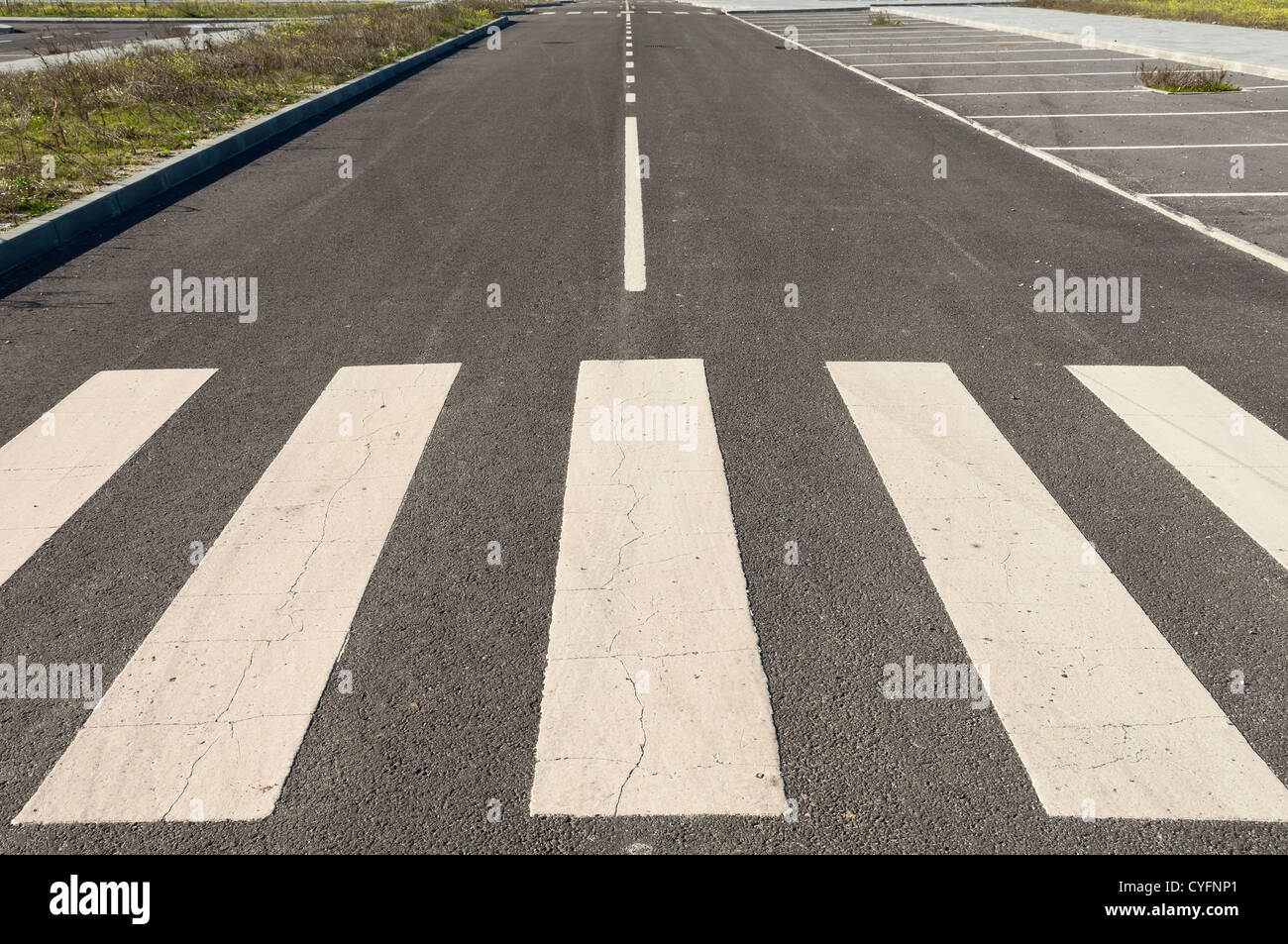 Perspective of an asphalt road with crosswalk stripes in the foreground ...
