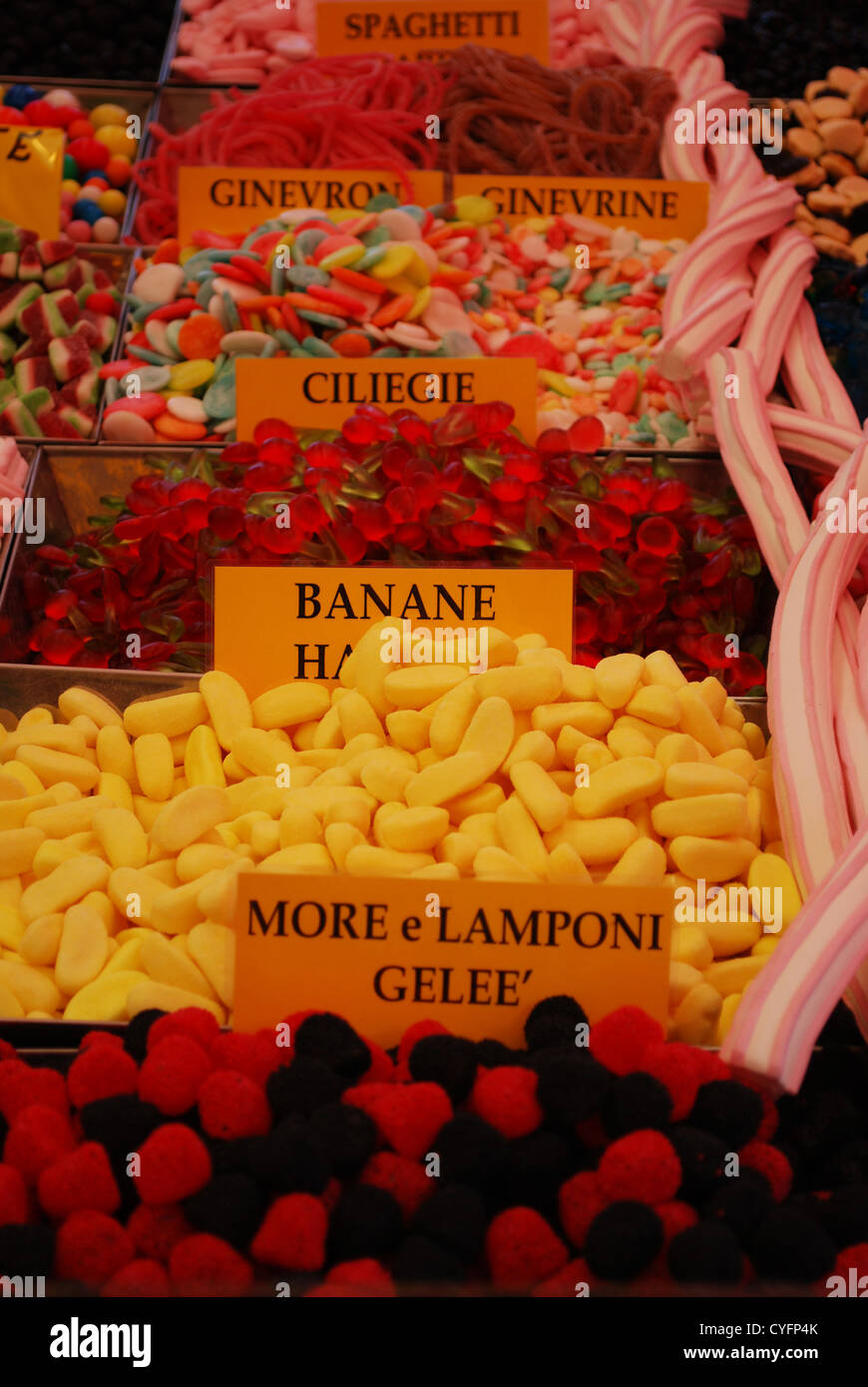 Colorful candies on stand for sale at market, Italy Stock Photo - Alamy