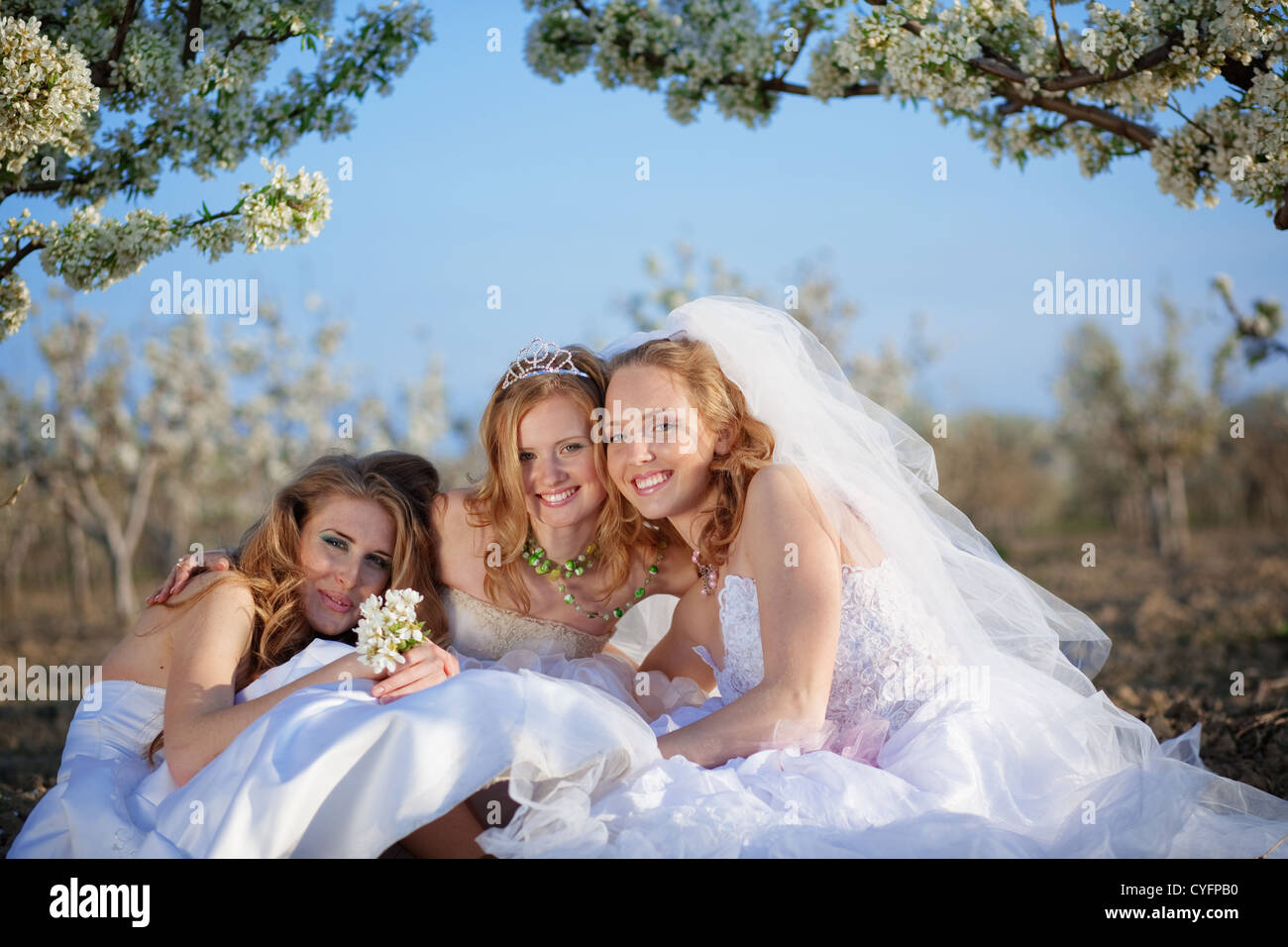 Three happy beautiful brides together Stock Photo - Alamy