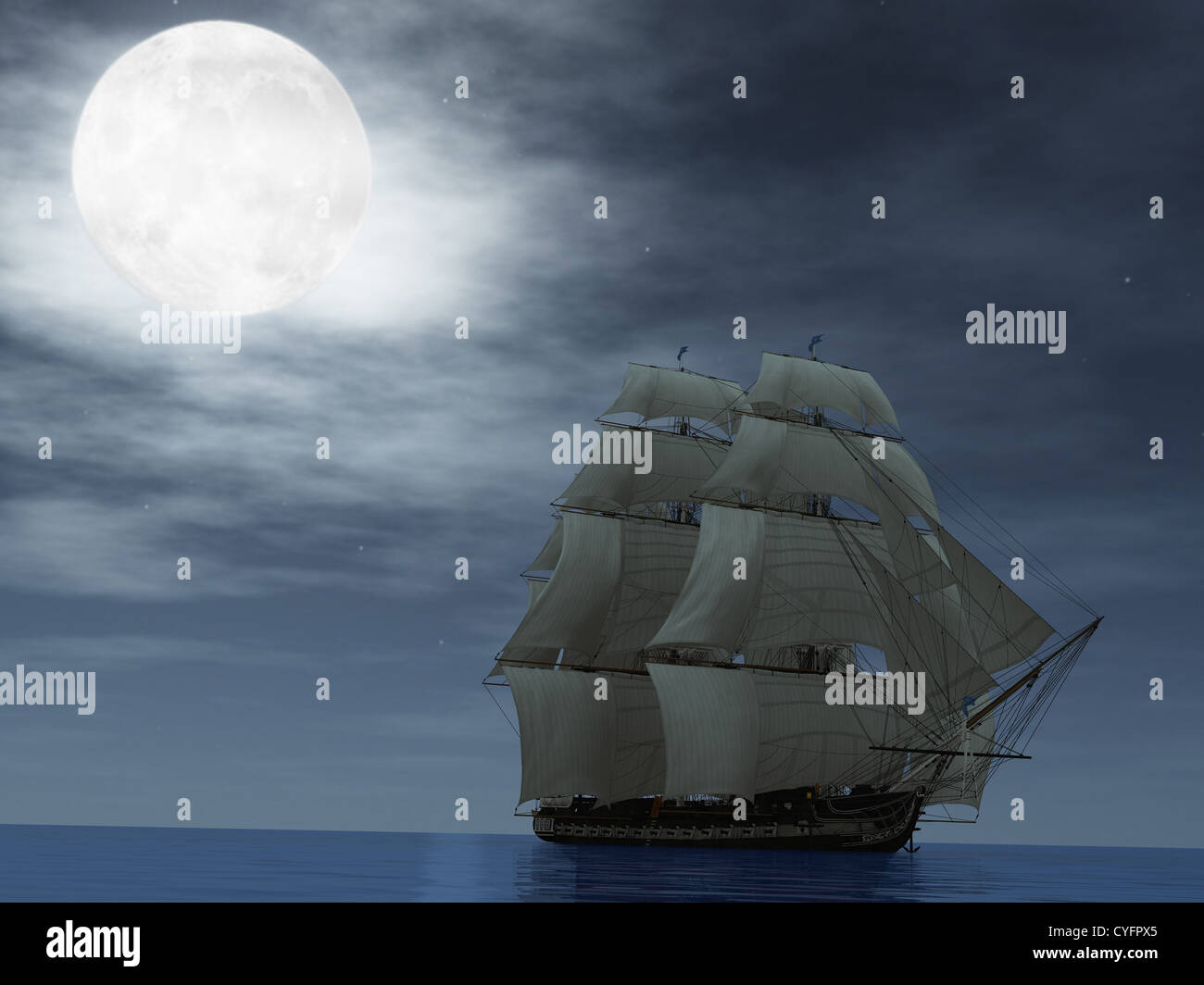 ship in ocean under the moon Stock Photo - Alamy