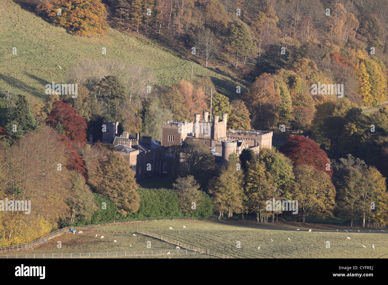 Elevated view of Kinfauns castle in autumn Scotland November 2012 Stock ...