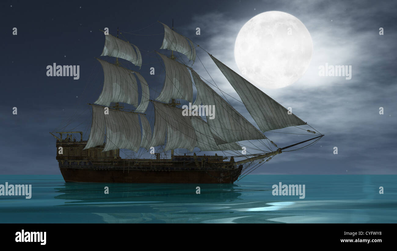 ship in ocean under the moon Stock Photo - Alamy