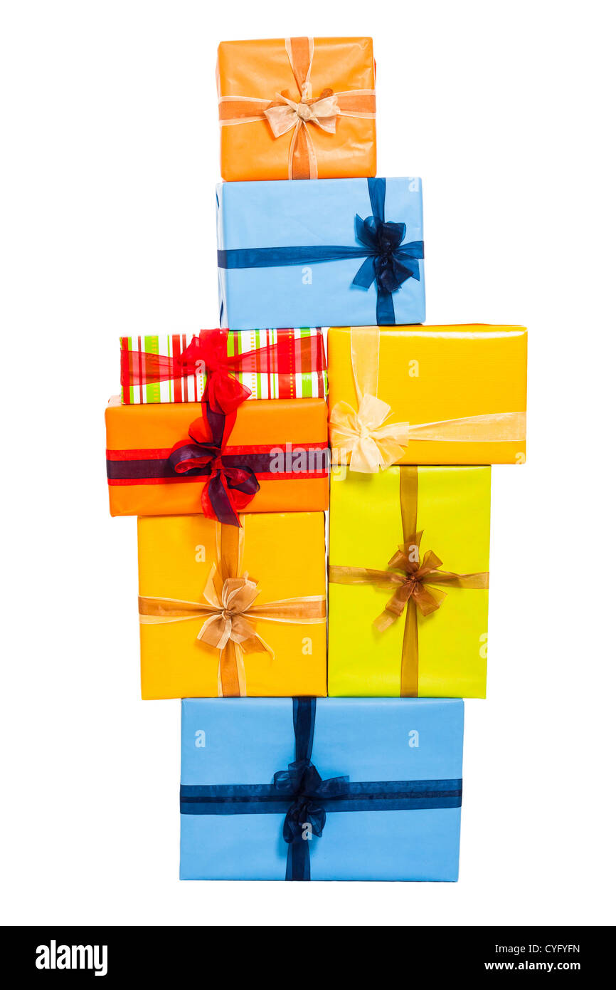 Stack of gift boxes with ribbon, isolated on white background Stock ...