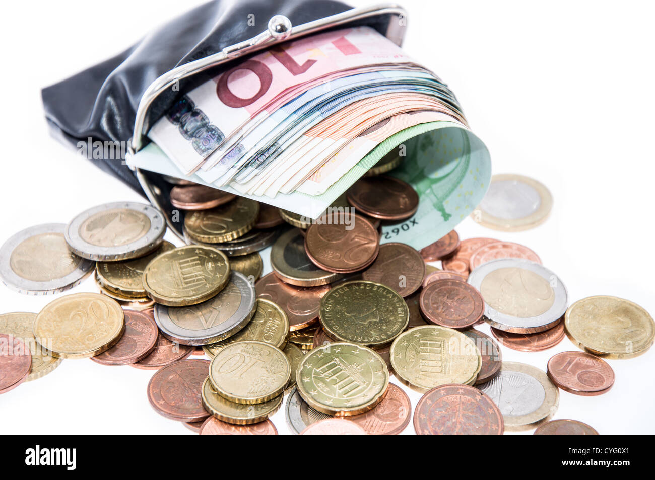 Wallet with Bills and Coins isolated on white Stock Photo - Alamy