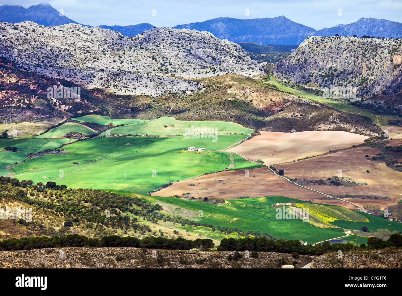 Andalucia countryside scenic landscape, mountain range, green fields in ...