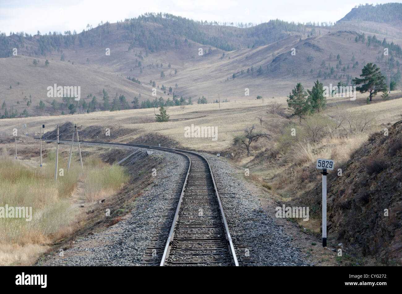 Kilometer post on Trans Mongolian railway Buryatia, Siberia, Russia ...