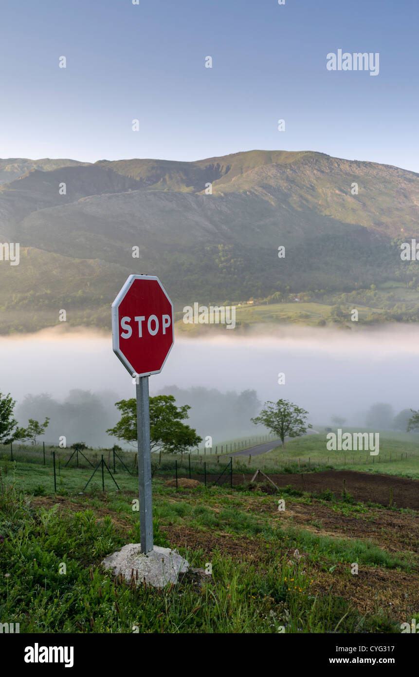 A stop signal road in Cortines area, Asturias, Spain Stock Photo - Alamy