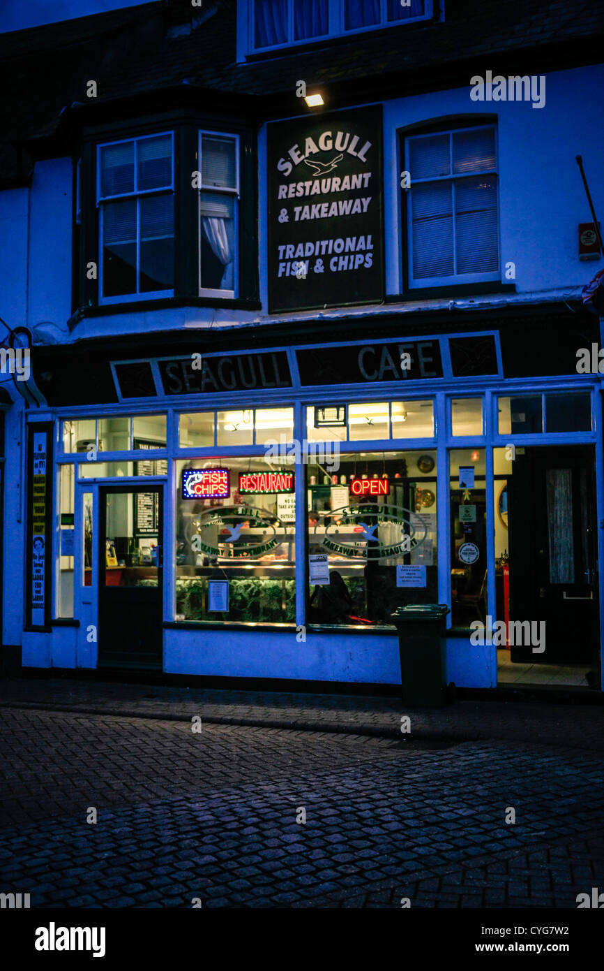 Night image of the Seagull Fish and chip Restaurant in Weymouth Stock ...