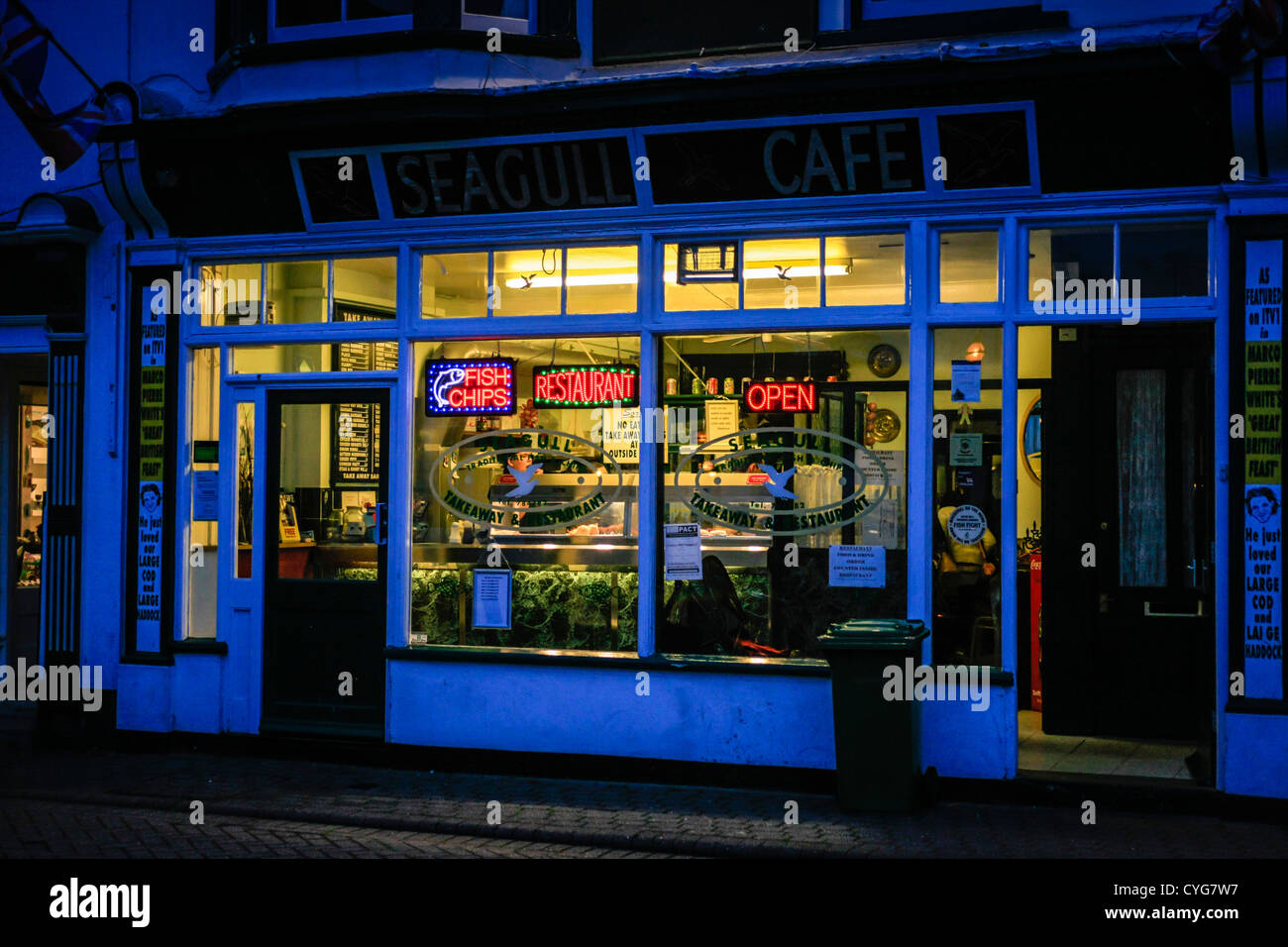 Night image of the Seagull Fish and chip Restaurant in Weymouth Stock ...