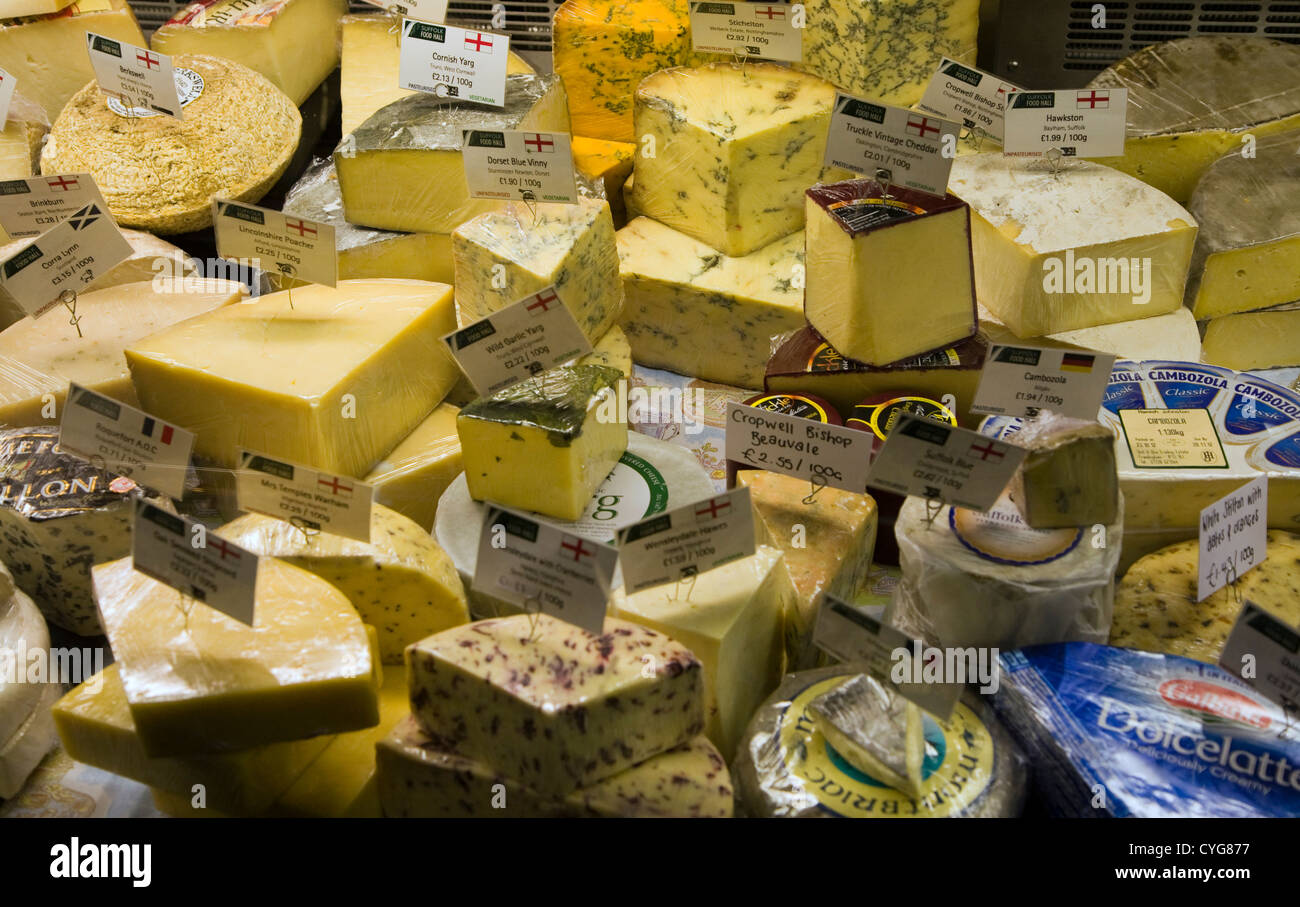 Cheese stall display Suffolk Food Hall, Wherstead near Ipswich, Suffolk ...