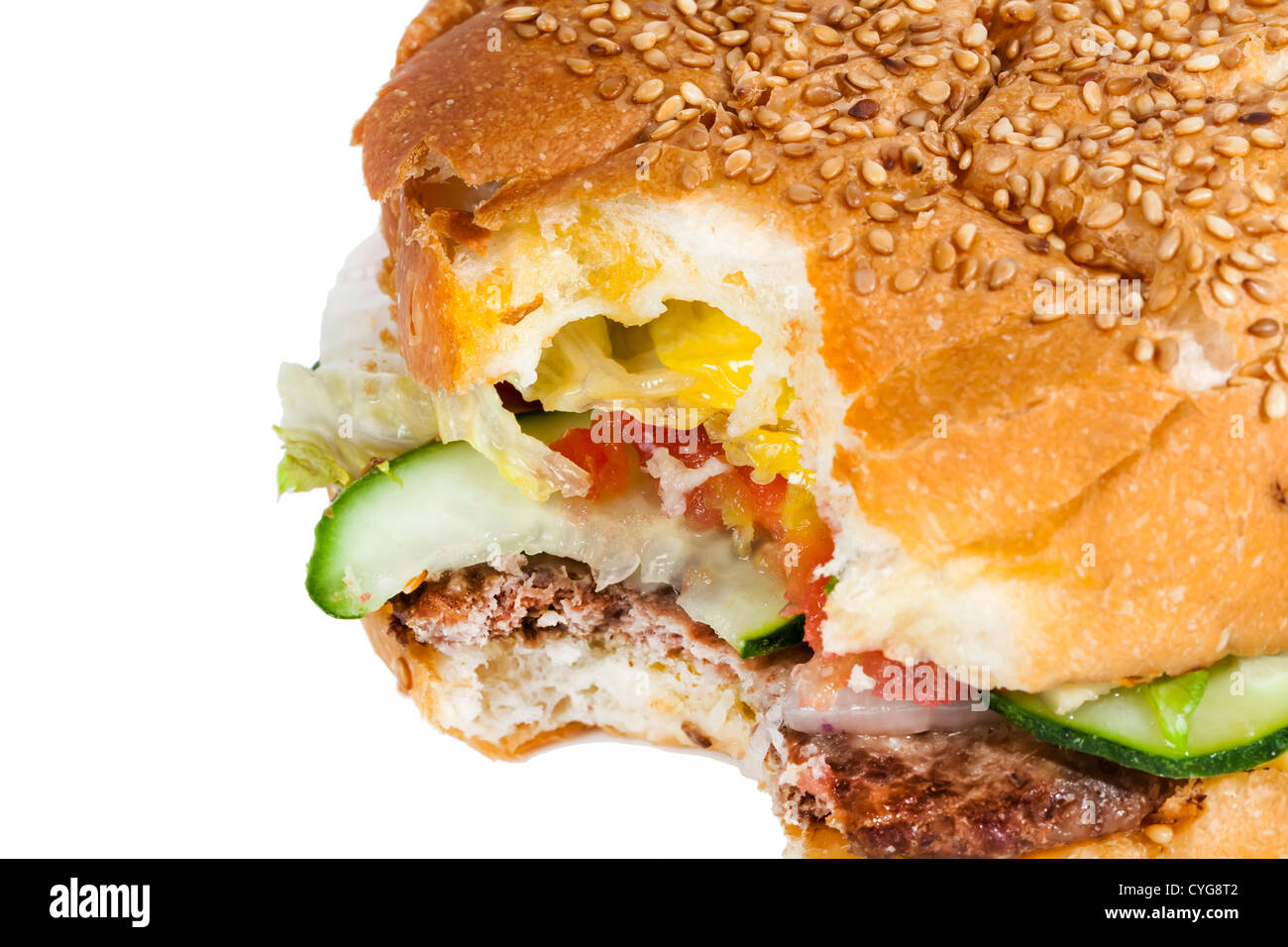 Bitten burger with meat and vegetables isolated on white Stock Photo ...