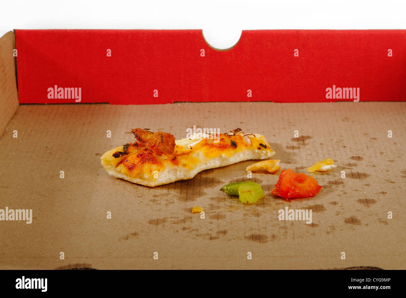 empty pizza box with one scrap of a piece remains Stock Photo - Alamy