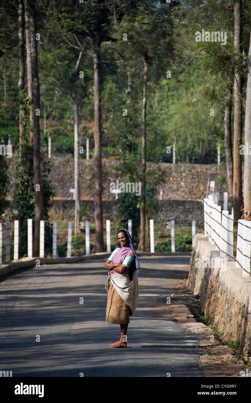 Vertical portrait of an Indian lady in tatty work clothes standing ...